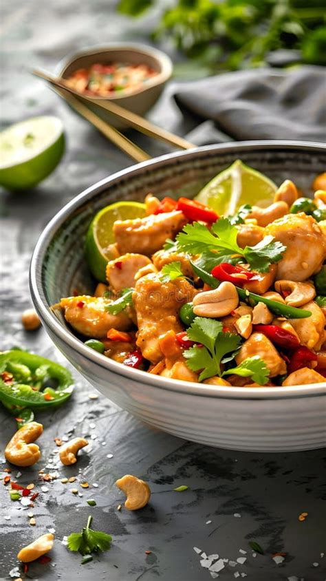 Red Curry Chicken Stir Fry With Spicy Cashew Sauce Copy Space