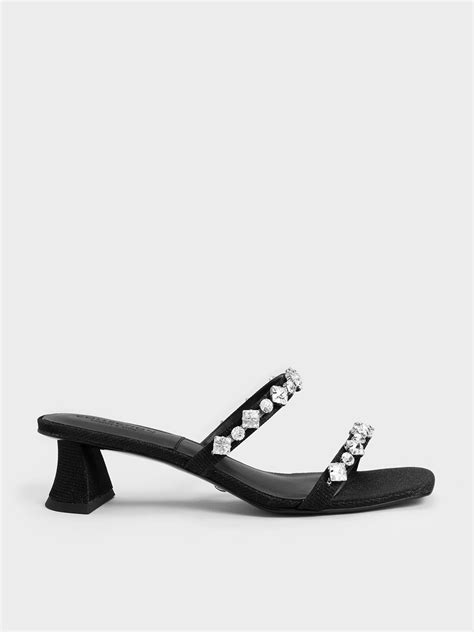 Black Glittered Gem Encrusted Sculptural Heel Mules Charles And Keith Lk