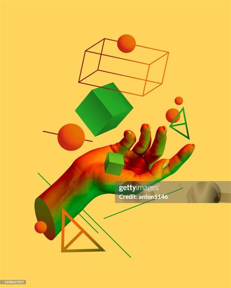 Luminous Human Hand Gesturing With 3d Geometric Objects Over Yellow