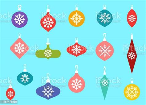 장식을 매달려 크리스마스 Baubles 인사와 손으로 그린 크리스마스 공 그림 눈송이가있는 유리 장난감 벡터 플랫 아이콘입니다