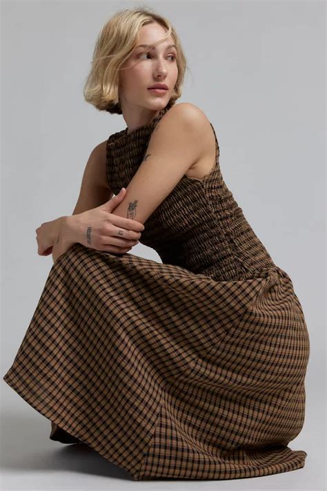 Daisy Street Shirred Plaid Drop Waist Midi Dress Urban Outfitters