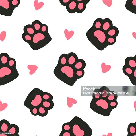 발과 심장이 매끄러운 패턴 발자국 검은 고양이 발 간단한 만화 배경 플랫 스타일 벡터 일러스트레이션 티셔츠 디자인 포장용 귀여운