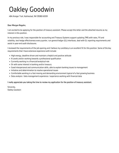 Treasury Assistant Cover Letter Velvet Jobs