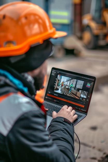 Workplace Safety Session Employee Reviewing Realtime Feedback On Laptop In Industrial Setting
