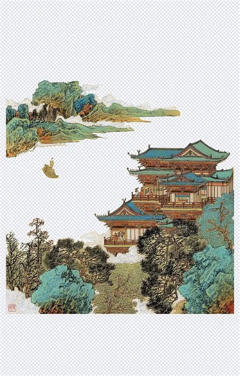 绢本设色滕王阁风景画 设色滕王阁风景画中国风格国画山水 风景 亭台楼阁 亭阁中国风装饰元素25822582195648 花瓣网