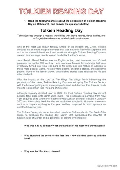 Tolkien English ESL Worksheets Pdf Doc