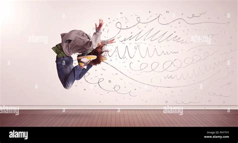 Pretty Woman Jumping With Hand Drawn Lines And Arrows Come Out Stock
