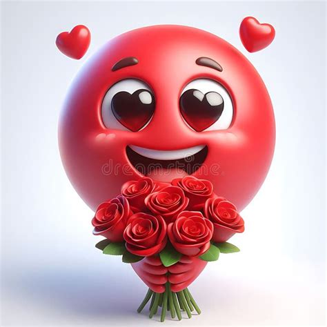 3d In Love Emoji Holding A Bouquet Of Red Roses Stock Illustration