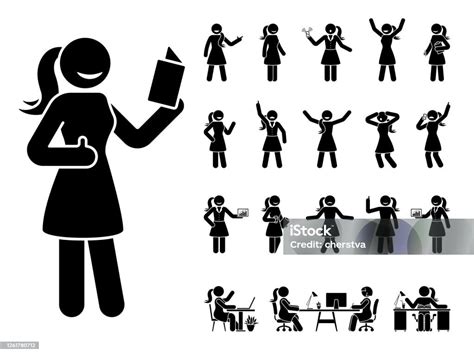 棒圖女人不同姿勢 情感臉設計向量圖示集閱讀 說話 快樂 悲傷 驚訝 驚訝 憤怒 站在辦公室棒工女士白色向量圖形及更多女人圖片 Istock