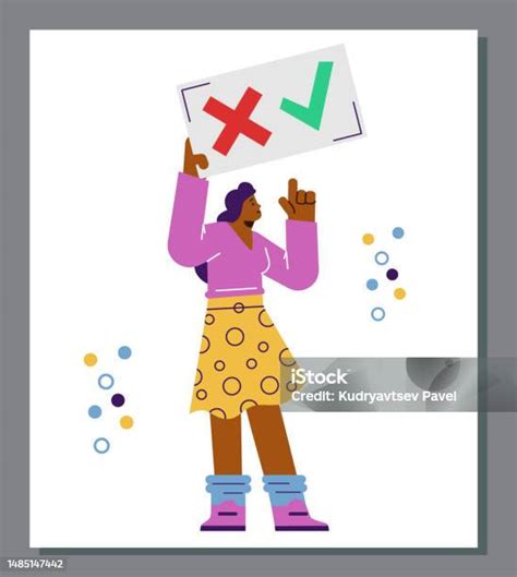 붉은 십자가와 녹색 눈금이 있는 표지판이나 배너를 들고 있는 여자 포스터 템플릿 플랫 벡터 그림 인권 평등 및 페미니즘에 대한