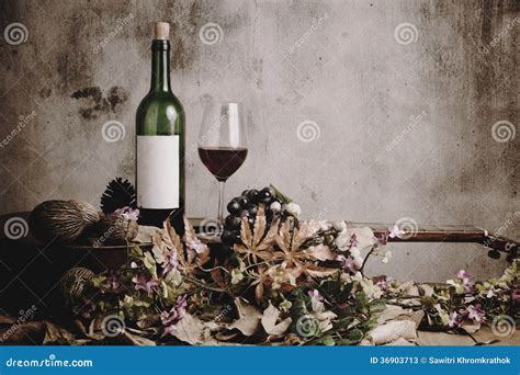 Still Life Of Red Wine Bottle And Wine Glass Stock Image Image Of