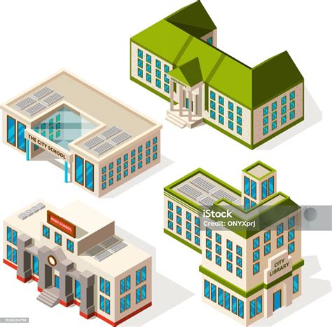 학교 건물입니다 학교 또는 연구소 건물의 아이소메트릭 3d 그림 등측투영법에 대한 스톡 벡터 아트 및 기타 이미지 등측투영법