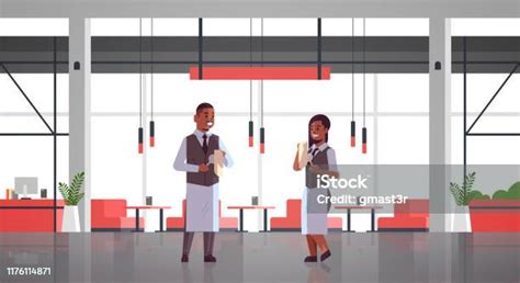 전문 웨이터 커플 연마 와인 유리 와 수건 아프리카 계 미국인 남자 여자 레스토랑 노동자 에 균일 한 현대 카페 인테리어 평면 전체 길이 수평 가공의 인물에 대한 스톡 벡터