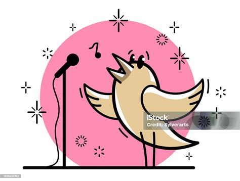 작은 귀여운 새가 서 서 흰색에 고립 된 무대 재미있는 만화 플랫 벡터 일러스트에 팝 스타 아이돌처럼 노래 새소리 0명에 대한