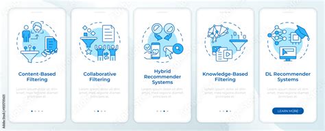 Recommendation Systems Types Blue Onboarding Mobile App Screen Walkthrough 5 Steps Editable