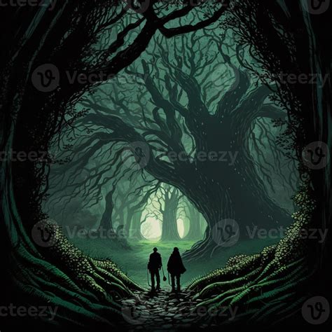 There Are Two People Walking Through A Dark Forest With Trees