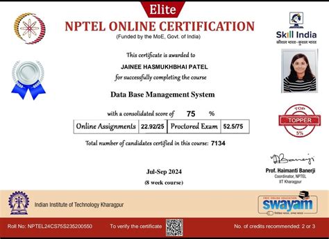 Jainee Patel On Linkedin Nptel Databasemanagement Elitetop5