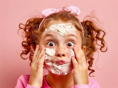 Girl Puts Cream On Her Face Redhead On A Pink Background Premium Ai