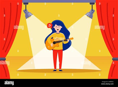 Girl Guitarist Performs On Stage Flat Vector Illustration Stock Vector