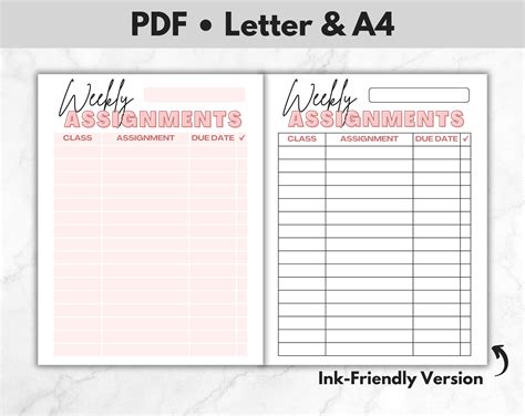 Printable Weekly Assignment Tracker Letter A4 Weekly Assignment Tracker Printable Digital