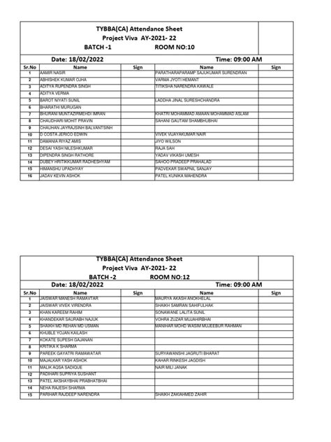 Tybbaca Attendance Sheet Pdf