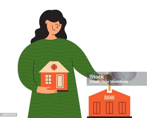 동전과 손에 새로운 자신의 집을 가진 행복한 소녀는 은행에 모기지 지불을 지불 리파이낸싱에 대한 스톡 벡터 아트 및 기타 이미지 리파이낸싱 모기지 은행 Istock