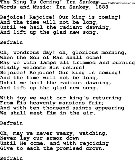 The King Is Coming Ira Sankey Txt By Ira Sankey Christian Hymn Lyrics