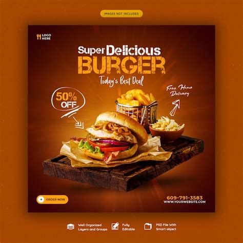 맛있는 햄버거와 음식 메뉴 소셜 미디어 배너 템플릿 무료 Psd 파일