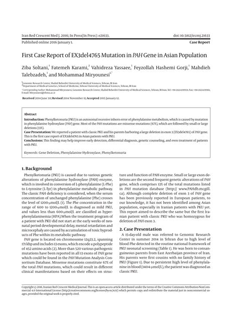 Pdf First Case Report Of Ex3del4765 Mutation In Pah Gene In Asian Population