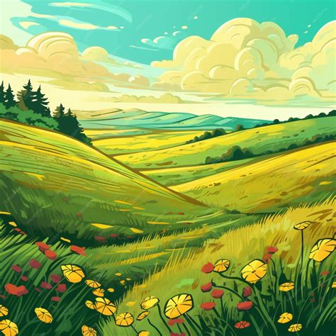 Premium Photo Sunny Grassland Cartoon Style Generative Ai
