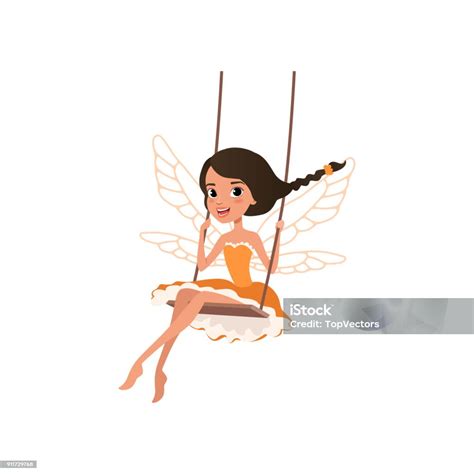 요정 마법 날개를 가진 미소 그네에 앉아 소녀 캐릭터 만화 작은 오렌지 드레스에 있었다입니다 동화에서 마법의 창조물입니다
