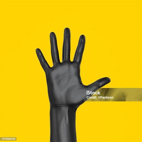 다섯 카운트 제스처를 보여주는 손을 다섯 손가락 오픈 손바닥 여성 검은 손 격리 3d 렌더링 예술 창조적 인 투표 및 통신 개념