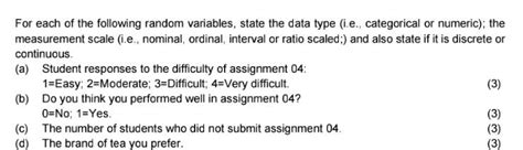 solved these are my answers a categorical and nominal