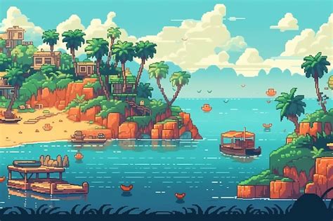 Premium AI Image Pixel Art Landscape Of A Colorful Beach Digital Art