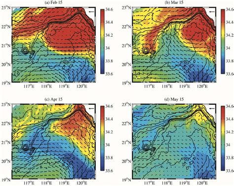 Surface Velocity Vectors And Salinity At Four Times During The 2001