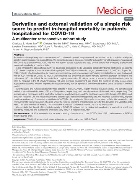 Pdf Derivation And External Validation Of A Simple Risk Score To Predict In Hospital Mortality