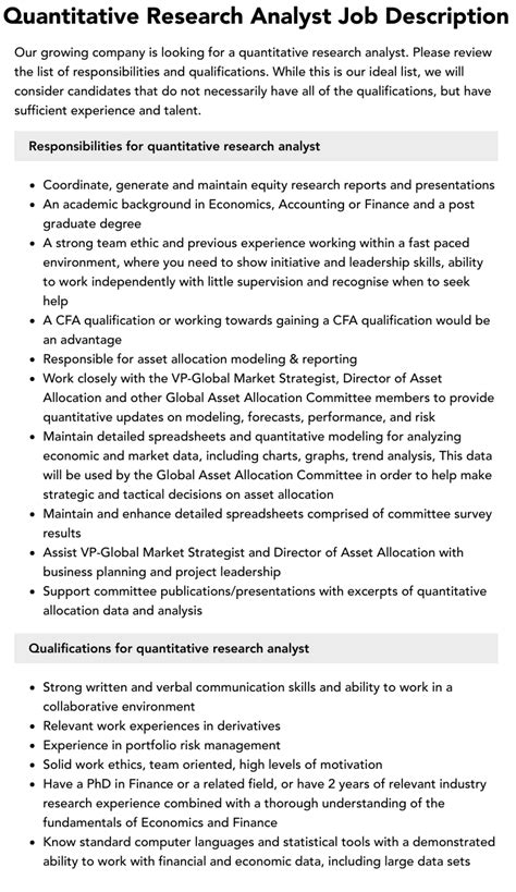 Quantitative Research Analyst Job Description Velvet Jobs
