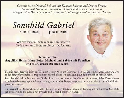 Traueranzeigen Von Sonnhild Gabriel Augsburger Allgemeine Zeitung