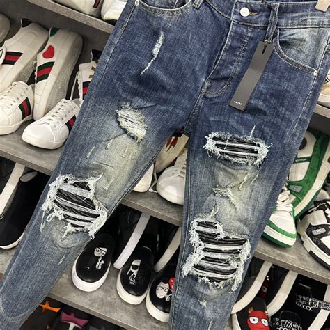 Mua Quần Jean Bò Nam Slimfit Amiri Xanh Thẫm Mài Rách Vá Da Nhăn đen