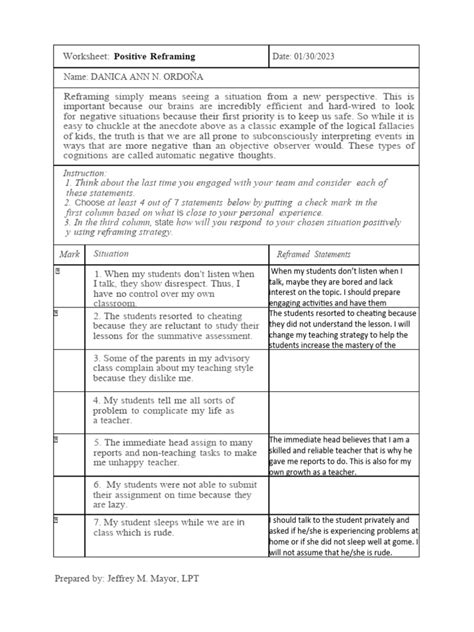 Positive Reframing Pdf Teachers Thought