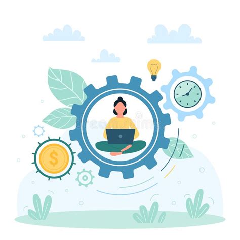 Work Efficiency And Workflow Balance Tiny Woman Working With Laptop Inside Moving Gear Stock
