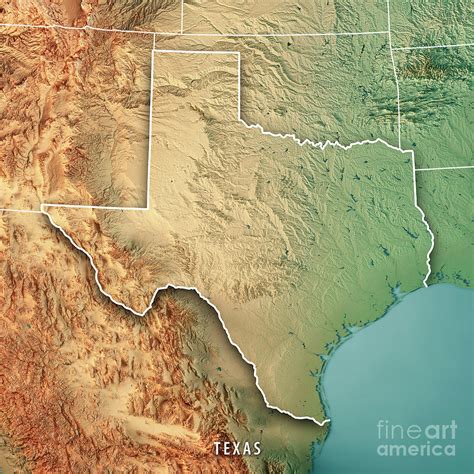 Texas State USA 3D Render Topographic Map Border Digital Art By Frank