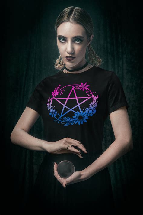 Bisexual Pentagram Tshirt Bi Pride Flag Colors Boho Floral Pentacle