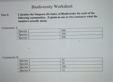 Solved Biodiversity Worksheet Part I Calculate The Simpson