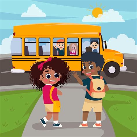 Um menino e uma menina andando na calçada um ônibus escolar ao