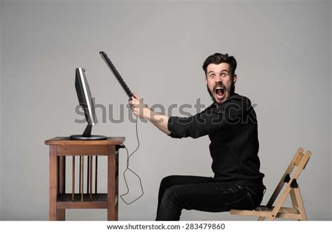 Angry Man Destroying Keyboard Monitor Computer Stock Photo Shutterstock