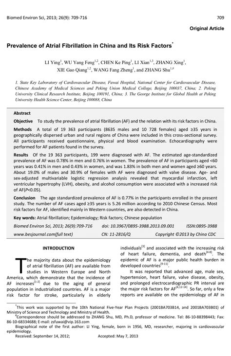 Pdf Prevalence Of Atrial Fibrillation In China And Its Risk Factors