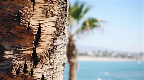 Stunning Close Up Palm Tree Bark And Sea Landscape In Vertical Format