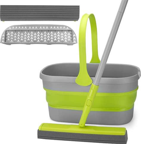 Sponge Mop And Collapsible Bucket Set With Wringer And Replaceable Mop Sponge Pads For Home