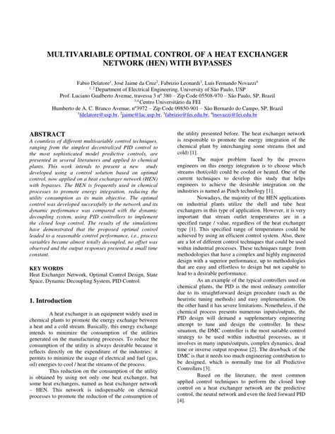PDF Multivariable Optimal Control Of A Heat Exchanger Network HEN With Bypasses